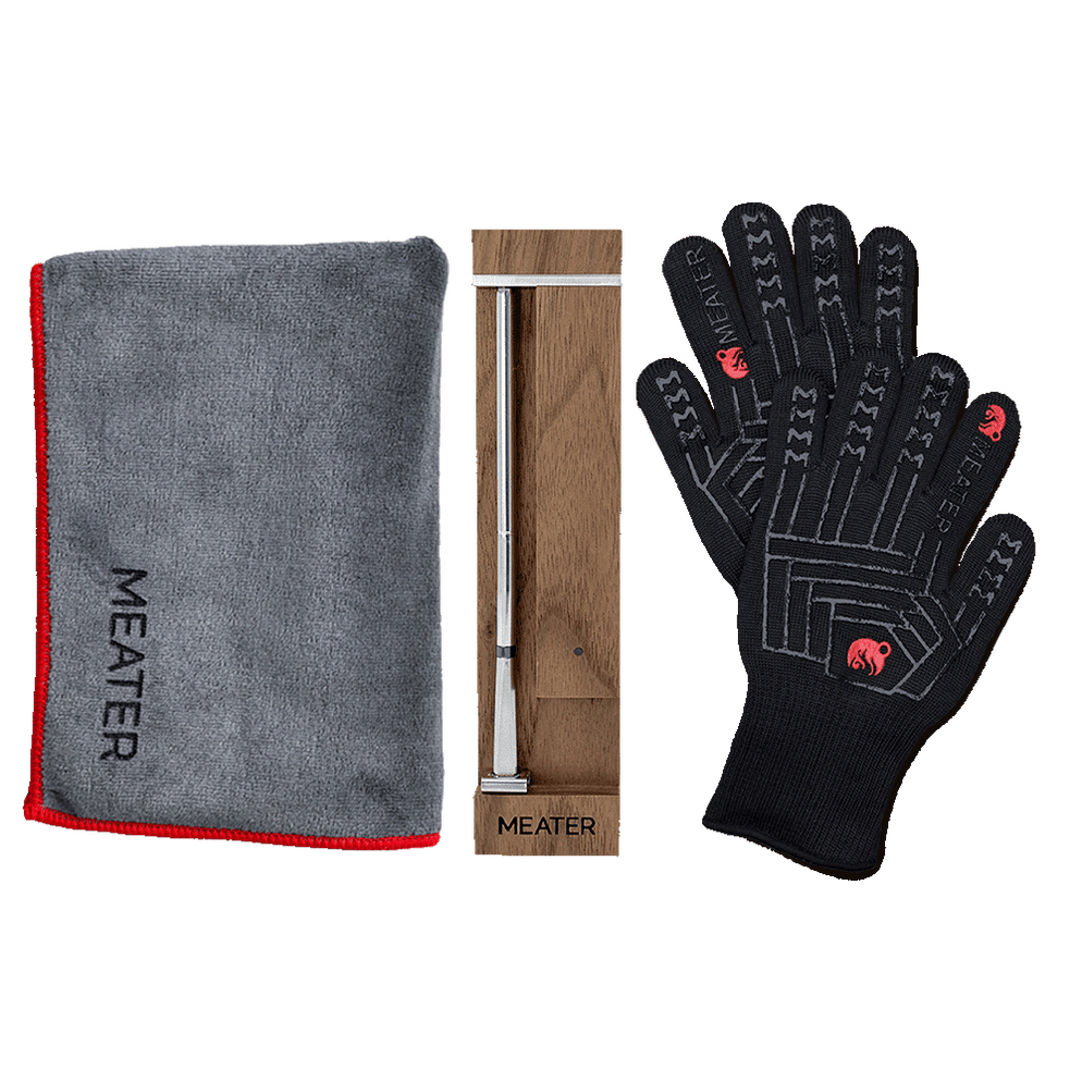 MEATER Pro Walnut, Grillhandschuhe und Mikrofasertuch im Bundle — MEATER DE